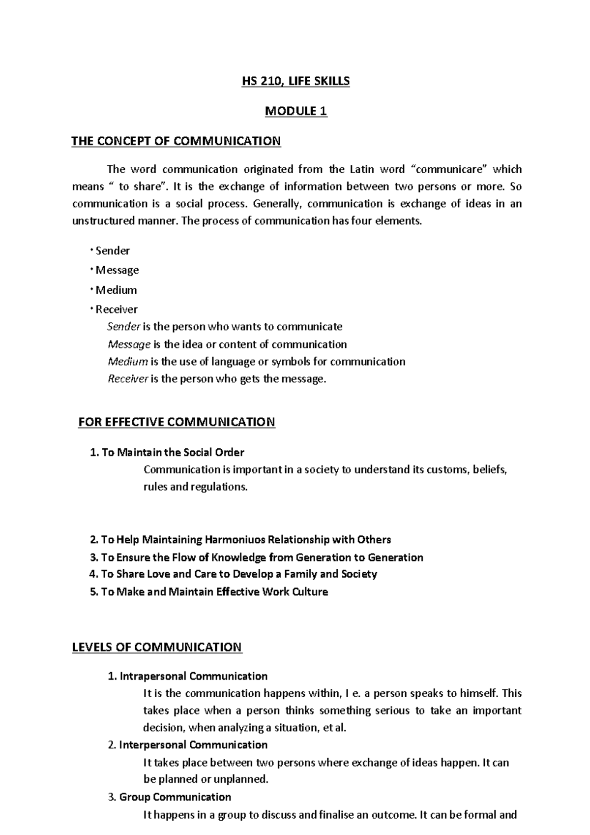 LS - pdf 2 - Life skills - HS 210, LIFE SKILLS MODULE 1 THE CONCEPT OF COMMUNICATION The word ...