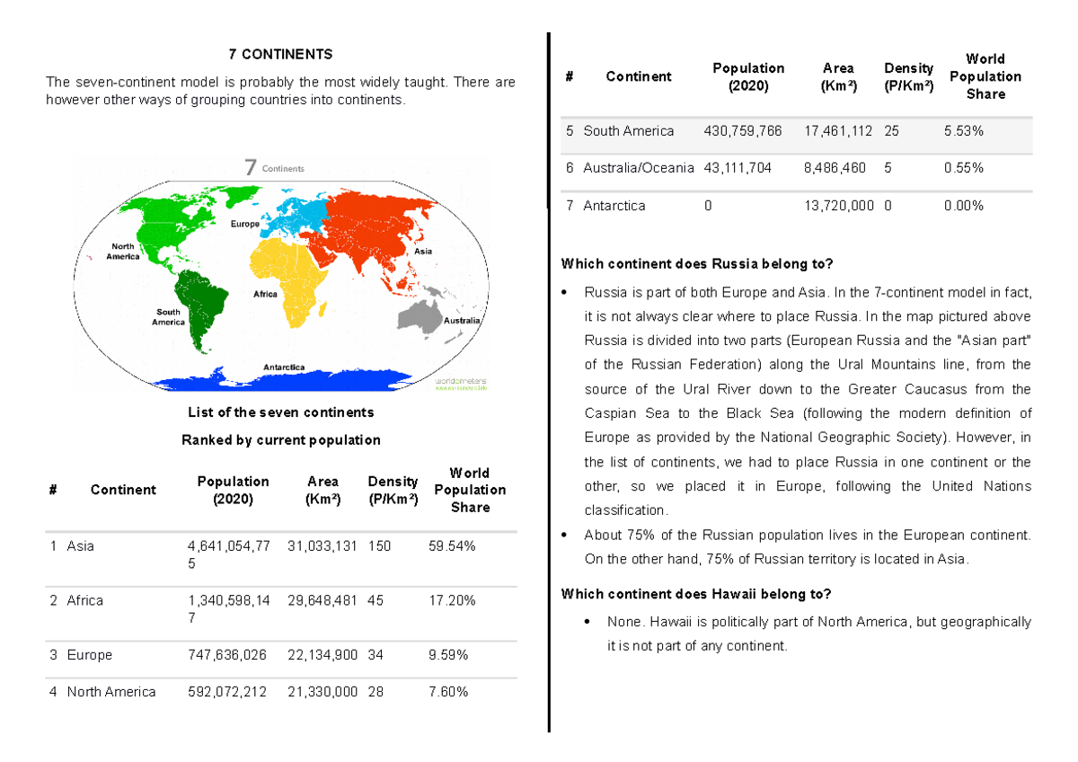 7 continents - WORLD LIT - 7 CONTINENTS The seven-continent model is ...