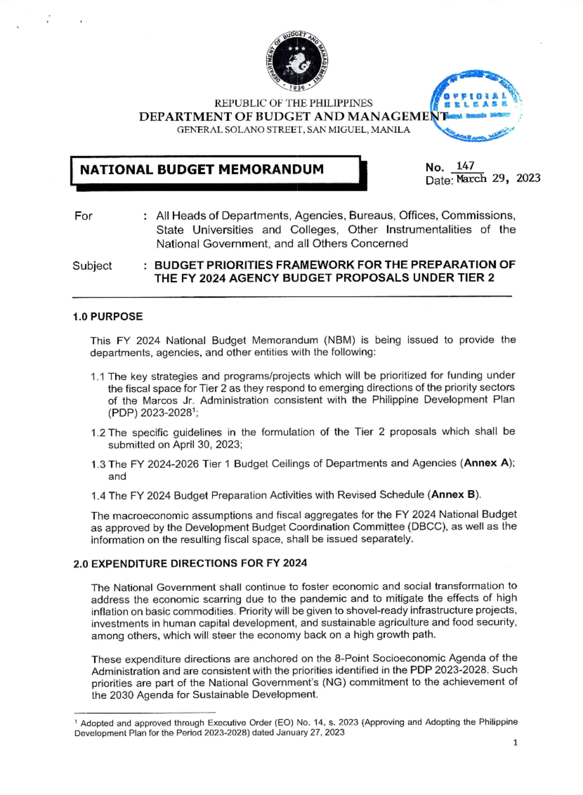 National Budget Memorandum NO 147 Dated March 29 2023 - REPUBLIC OF THE ...