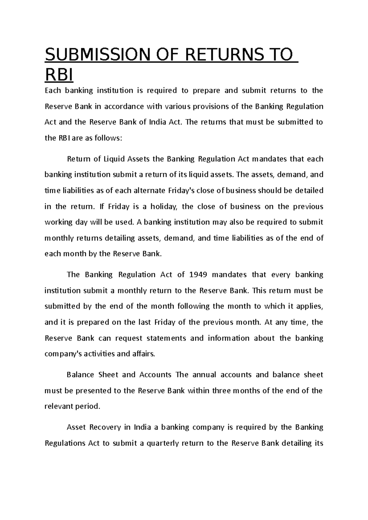 Submission OF Returns TO RBI - SUBMISSION OF RETURNS TO RBI Each ...