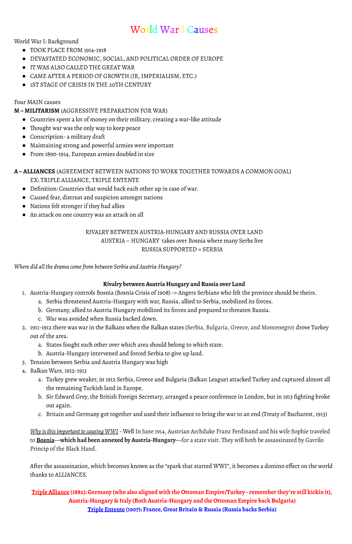 WWI Causes Lecture Notes - World War I Causes World War I: Background ...