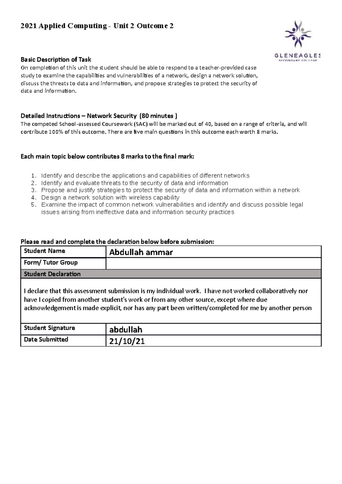 U2O2 Network Security SAC - 2021 Applied Computing - Unit 2 Outcome 2 ...
