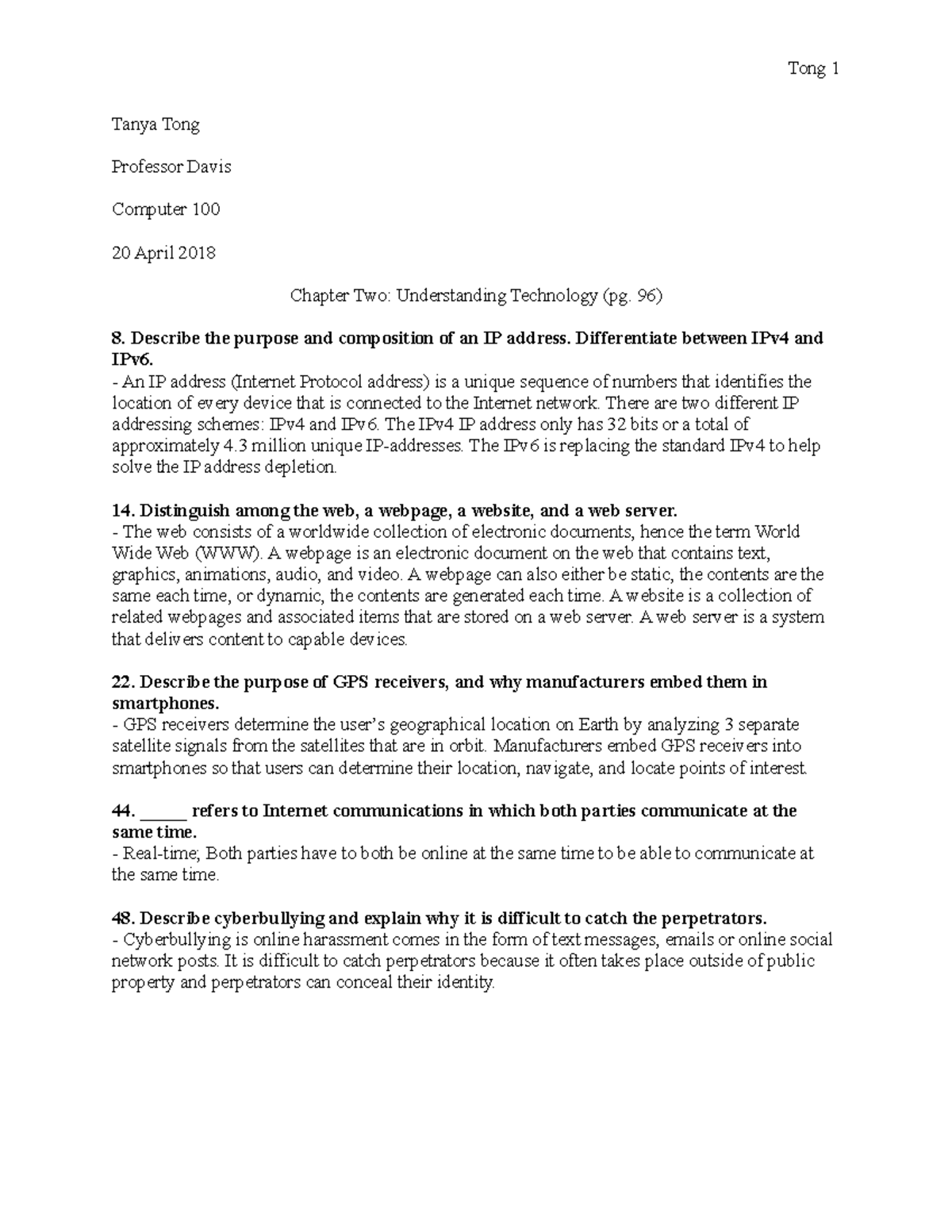 Chapter 2 Understanding Technology - Tong 1 Tanya Tong Professor Davis ...