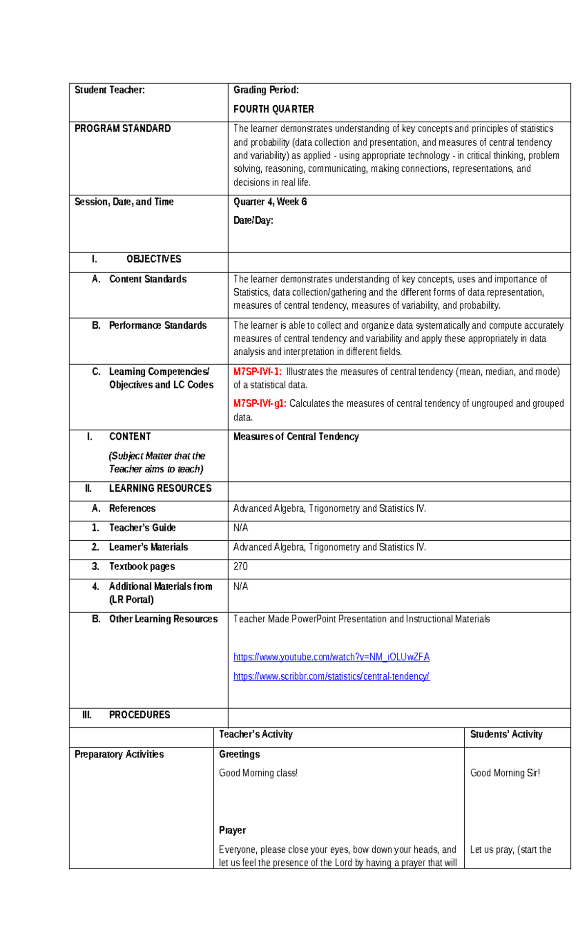 Sample-LP - Lesson planning - Student Teacher: Grading Period: FOURTH ...