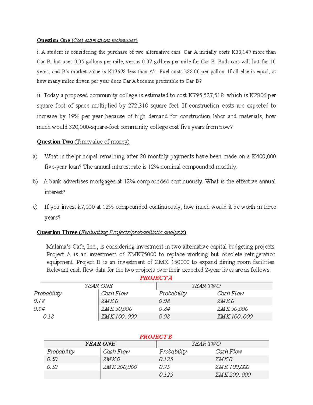 Project Economics OPT 1 - Question One ( Cost estimations techniques ...