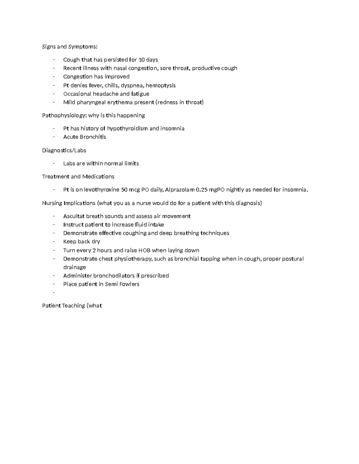 Signs and Symptoms - Nursing Implications (what you as a nurse would do ...