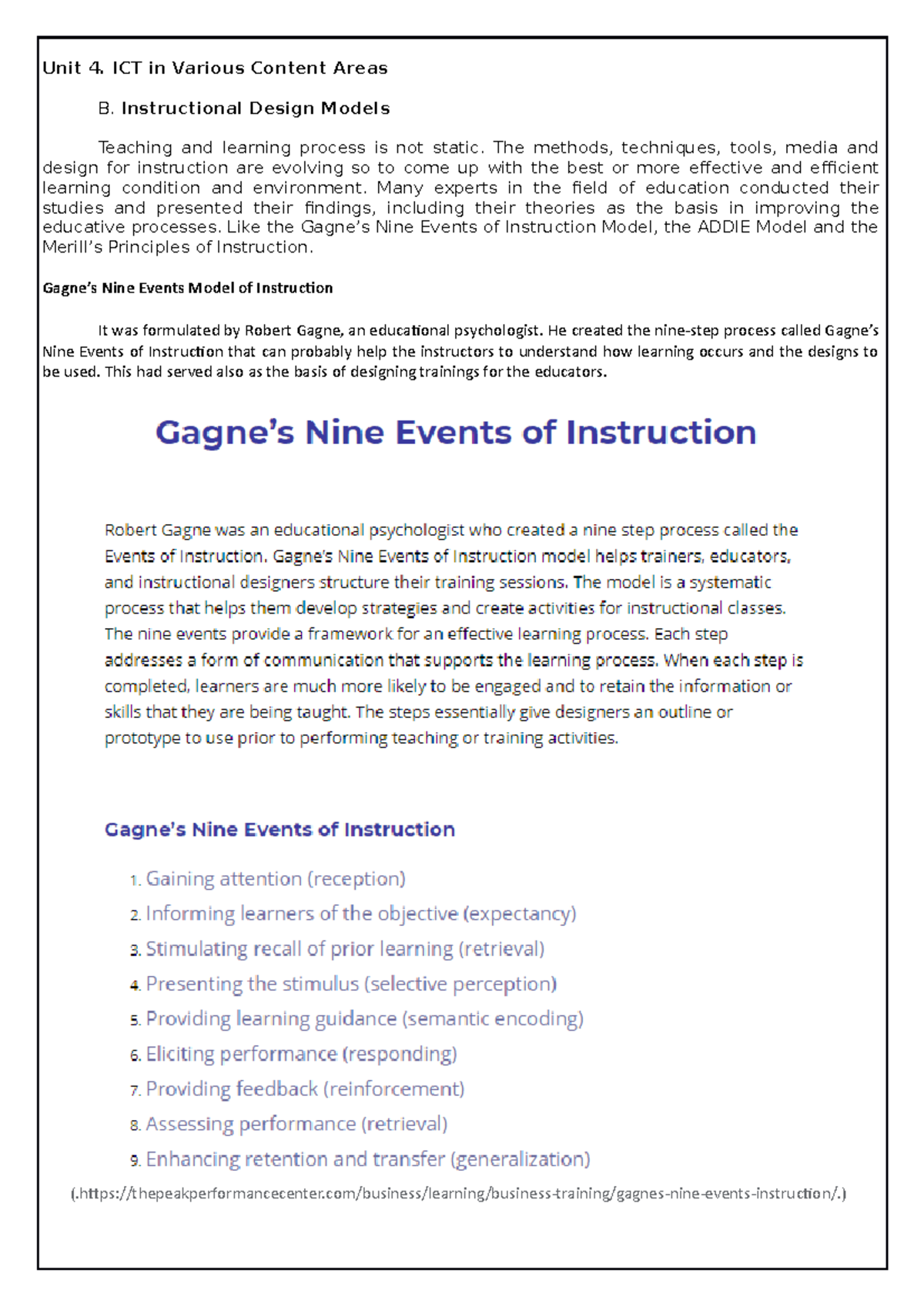 Module 1 4B1 1 Gagnes Nine Events - Unit 4. ICT in Various Content ...