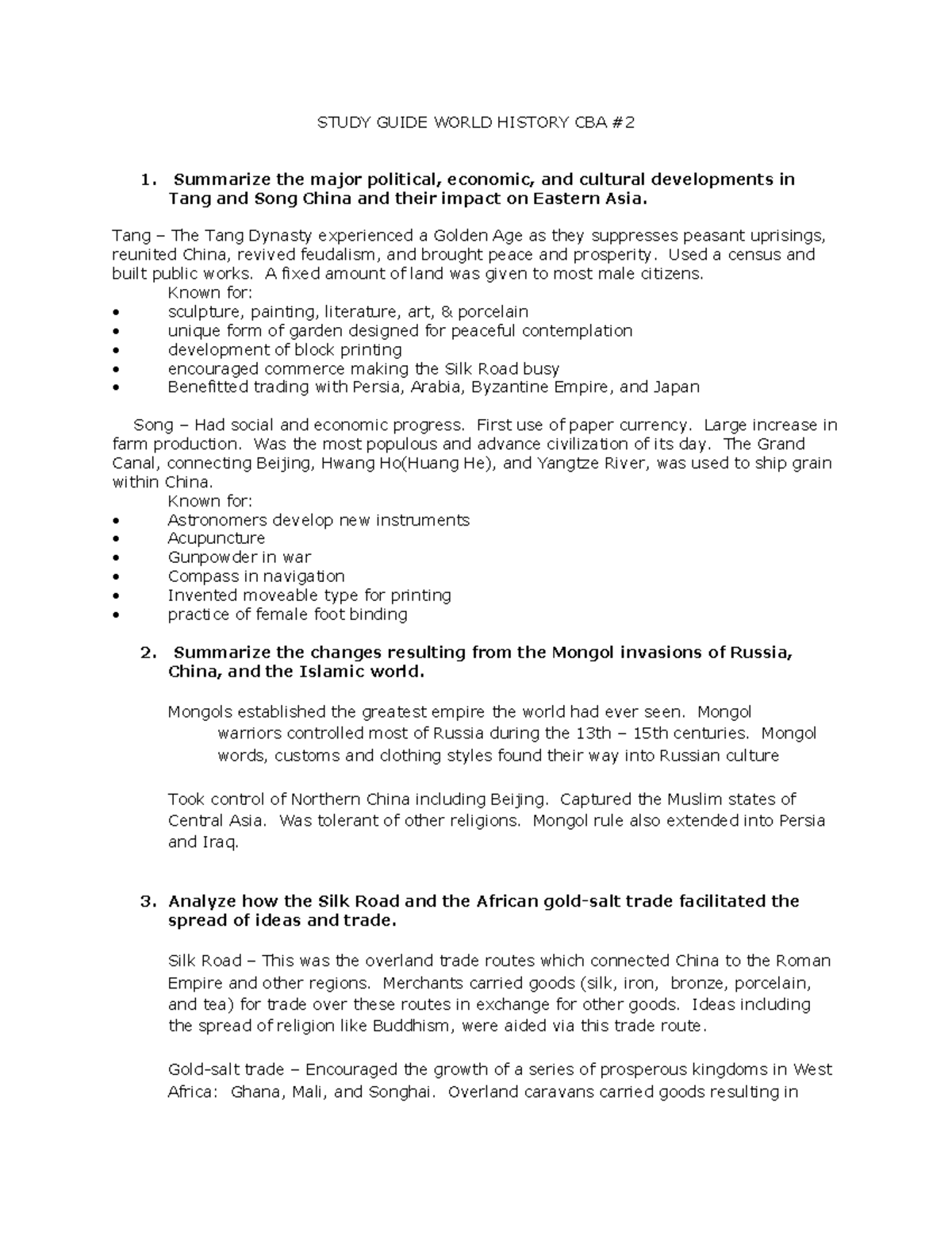 CBA 2 Study Guide Answers - STUDY GUIDE WORLD HISTORY CBA 1. Summarize ...
