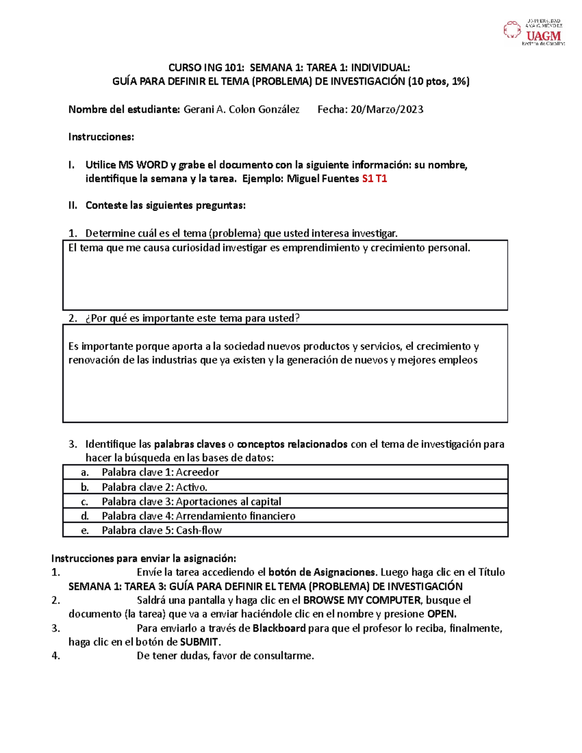 Gerani Colon U1 T1 - CURSO ING 101: SEMANA 1: TAREA 1: INDIVIDUAL: GUÍA ...