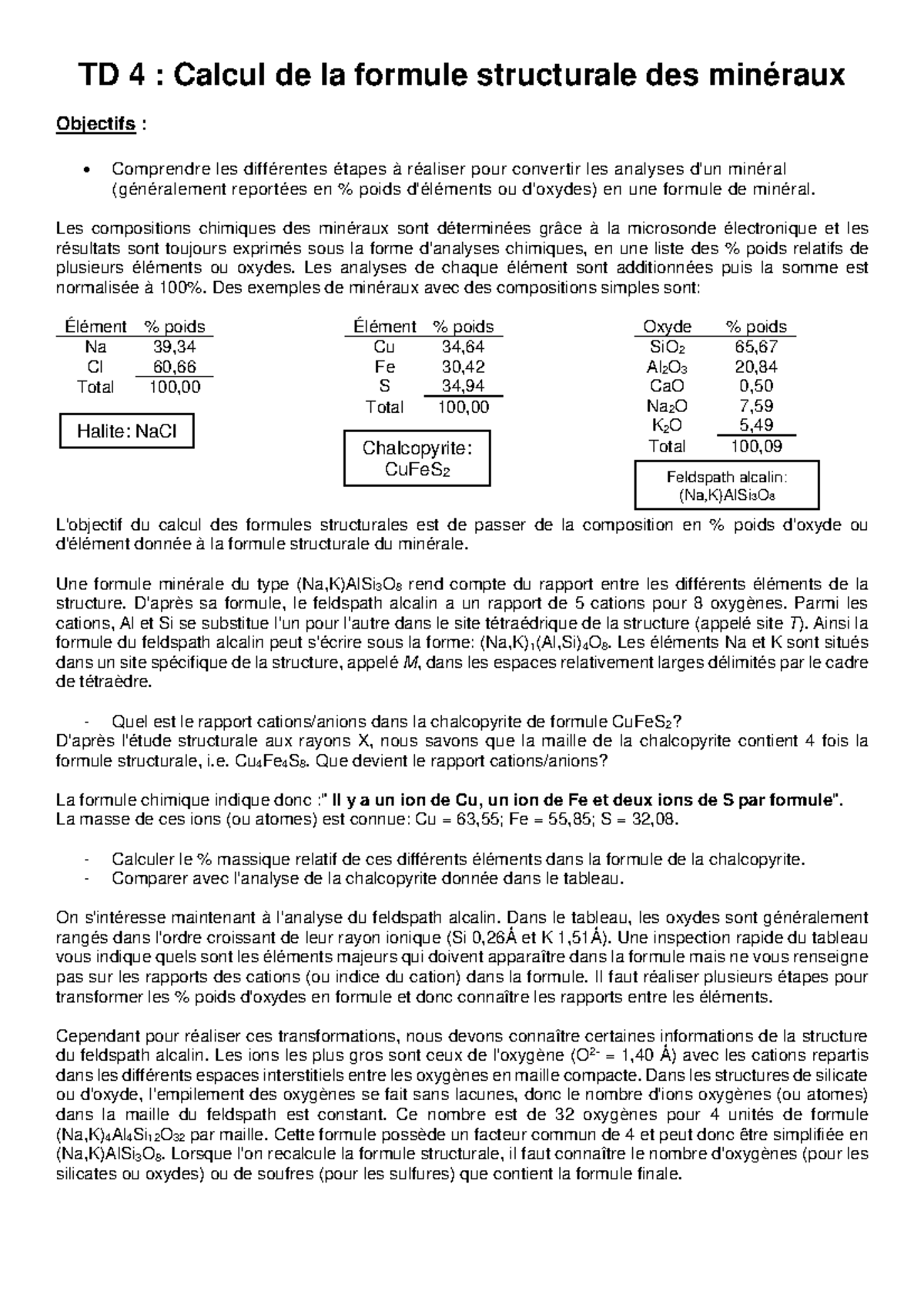 TD4-Correction - Correction du TD sur la formule structurale des minéraux - TD 4 : Calcul de la ...