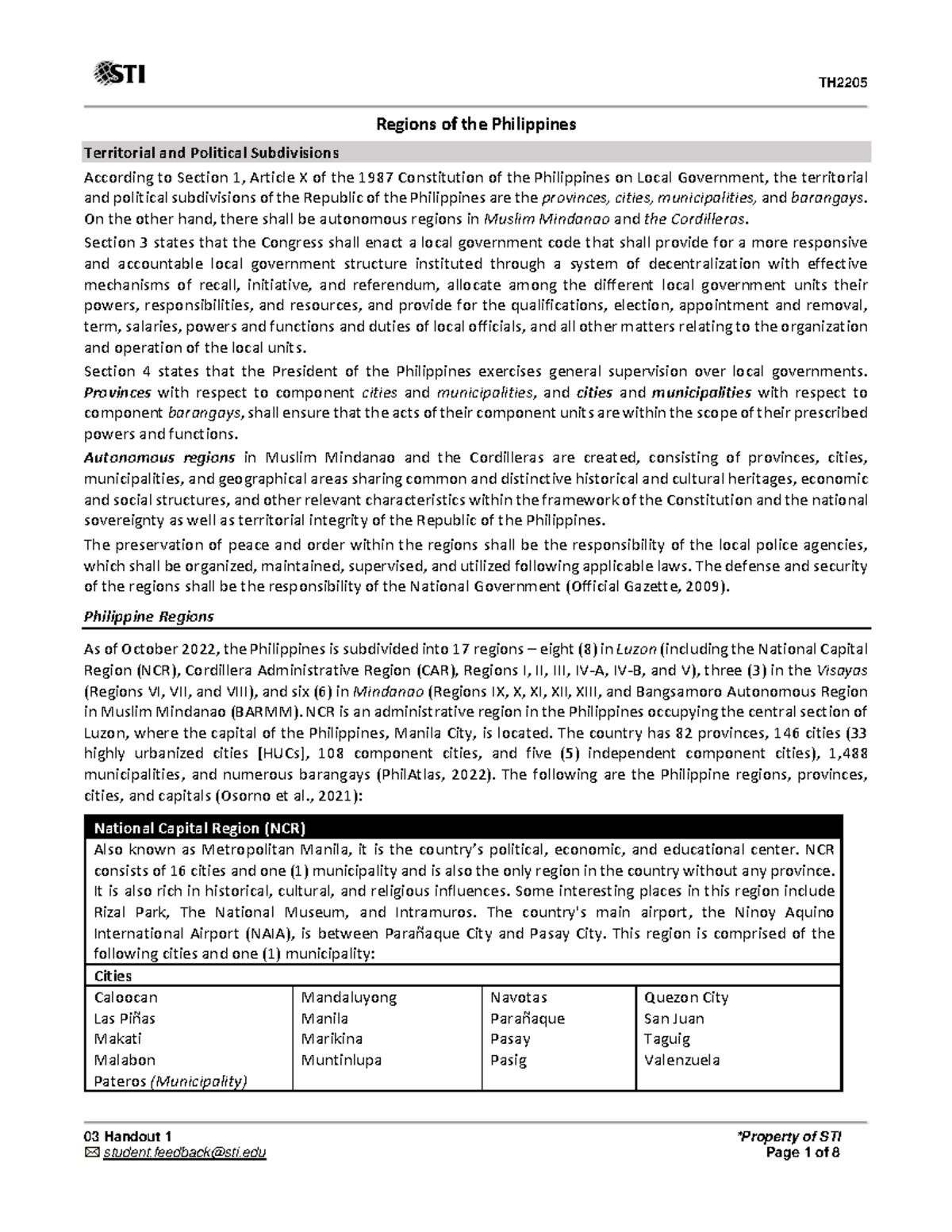 03 Handout 1 - reviewer - 03 Handout 1 *Property of STI Regions of the Philippines Territorial ...