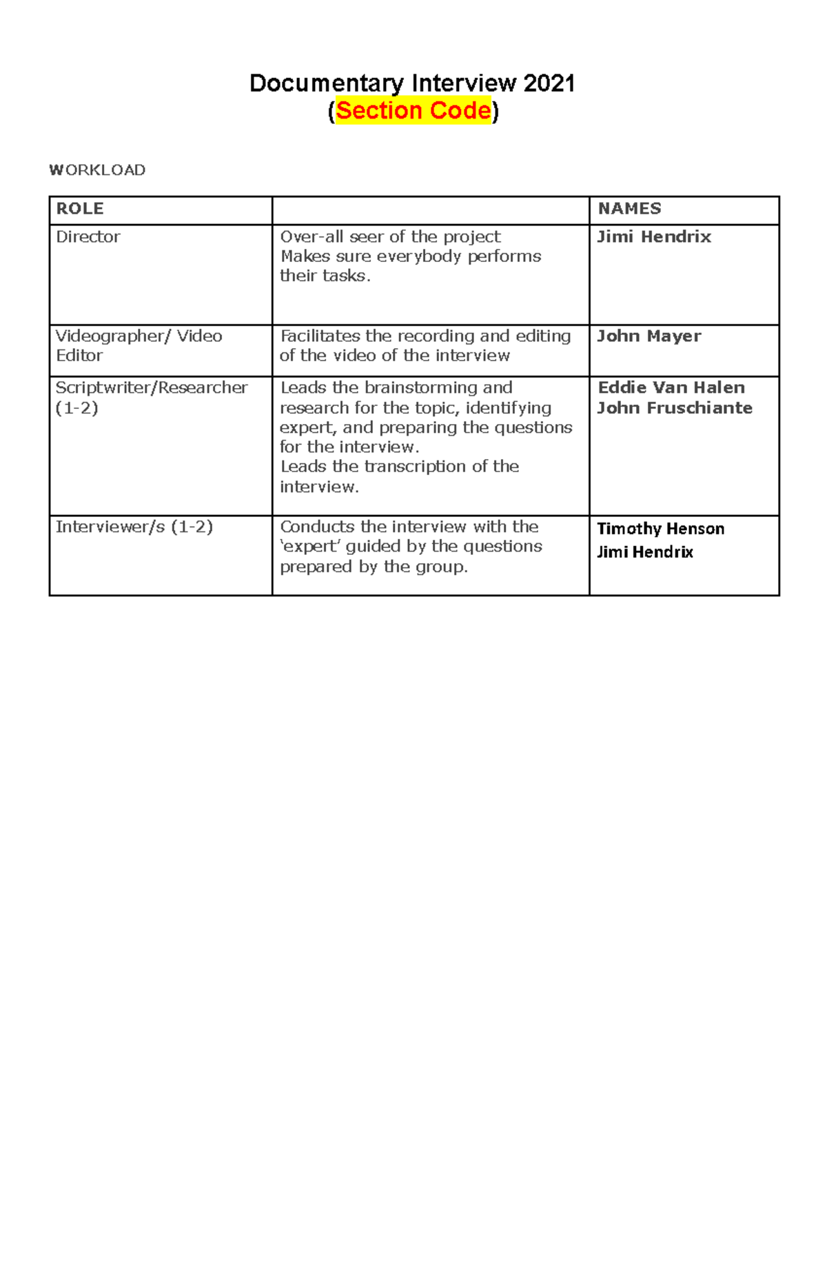 Sample Workload and Transcribed Interview - Documentary Interview 2021 ...
