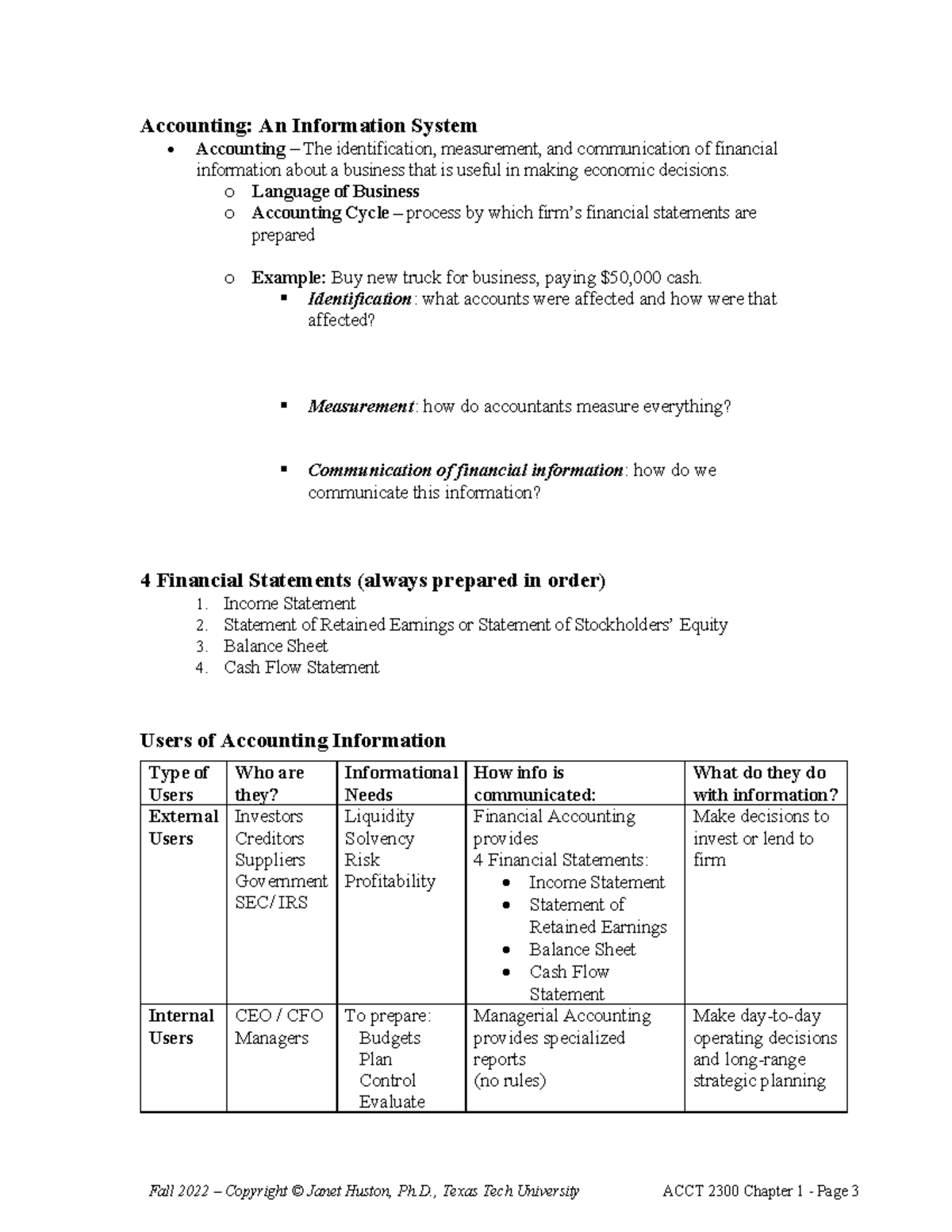 Ch 01 Student Notes ACCT 2300 - Fall 2022 – Copyright © Janet Huston ...