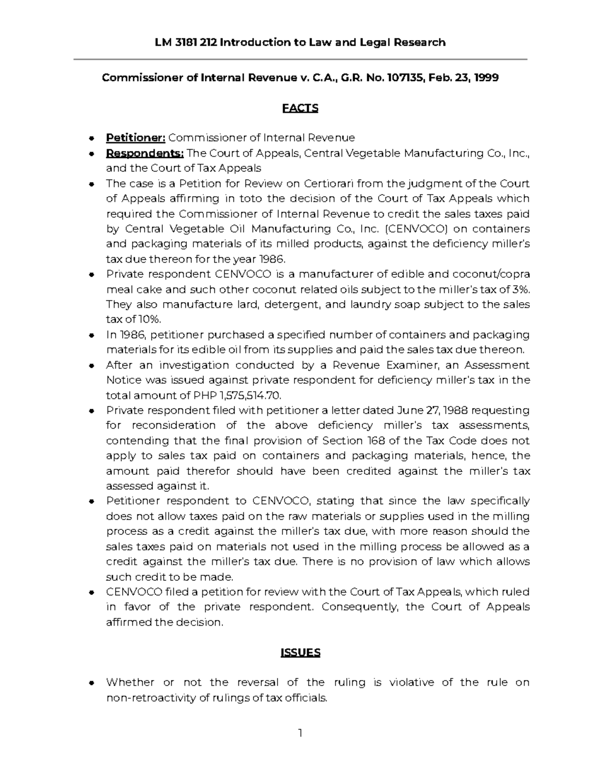 [LM 3181] G.R. No. 107135 - LM 3181 212 Introduction to Law and Legal ...