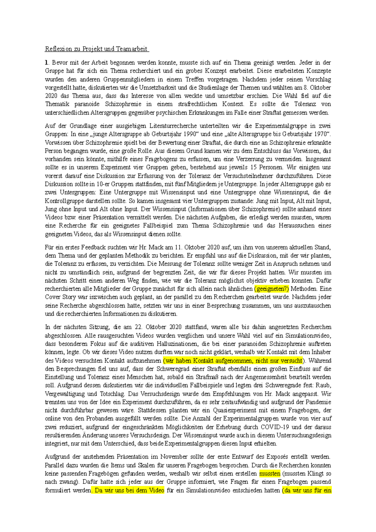 Reflexionsbericht neu - Reflexion zu Projekt und Teamarbeit Bevor mit ...