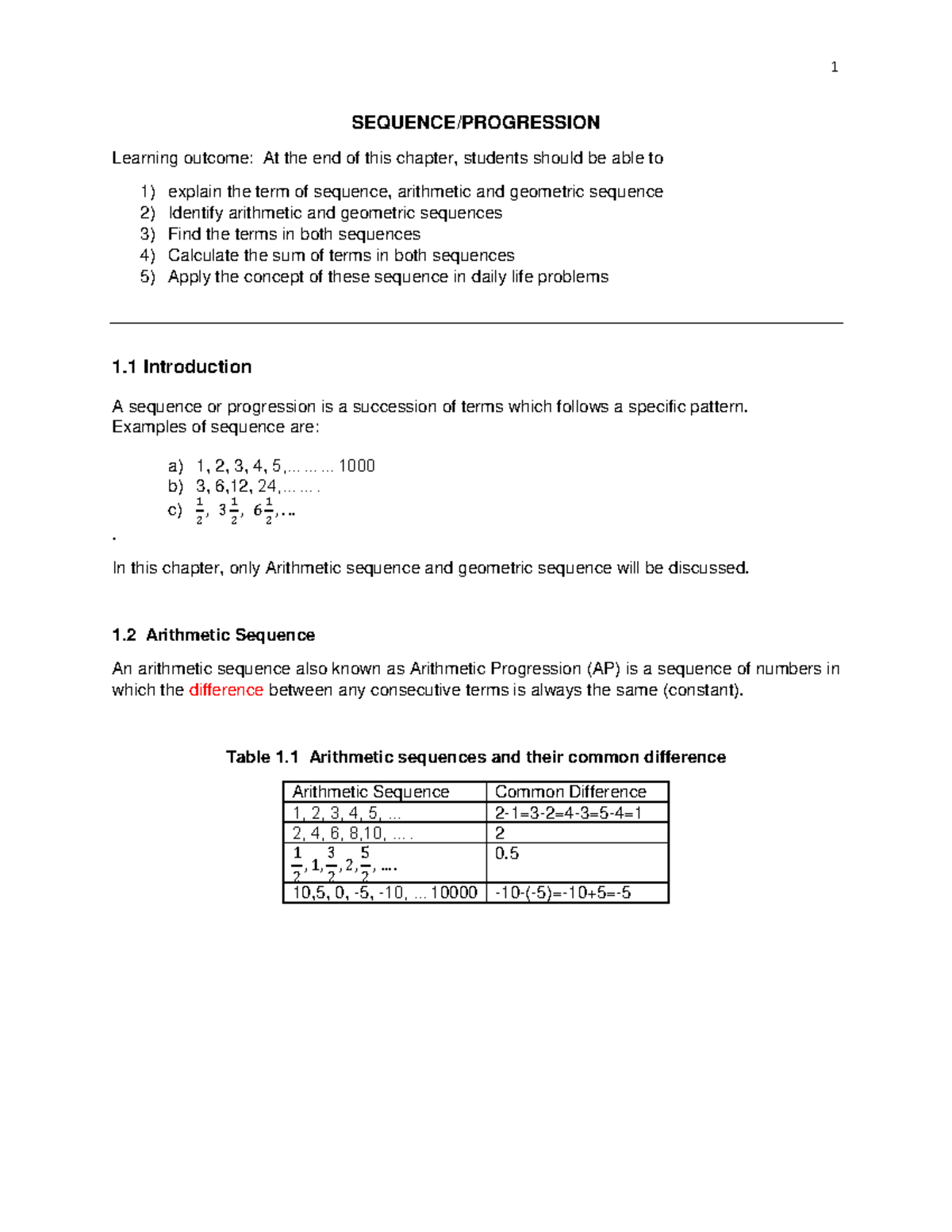 Chapter 1 Sequence - notes - SEQUENCE/PROGRESSION Learning outcome: At ...