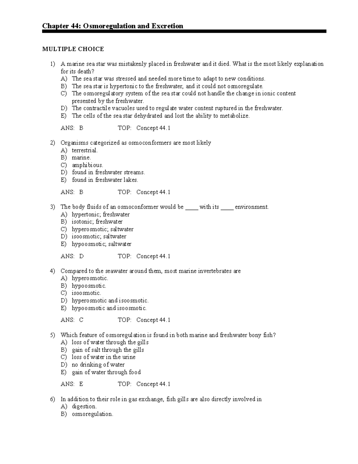 46576906 Chapter 44 Test Bank - Chapter 44: Osmoregulation and ...