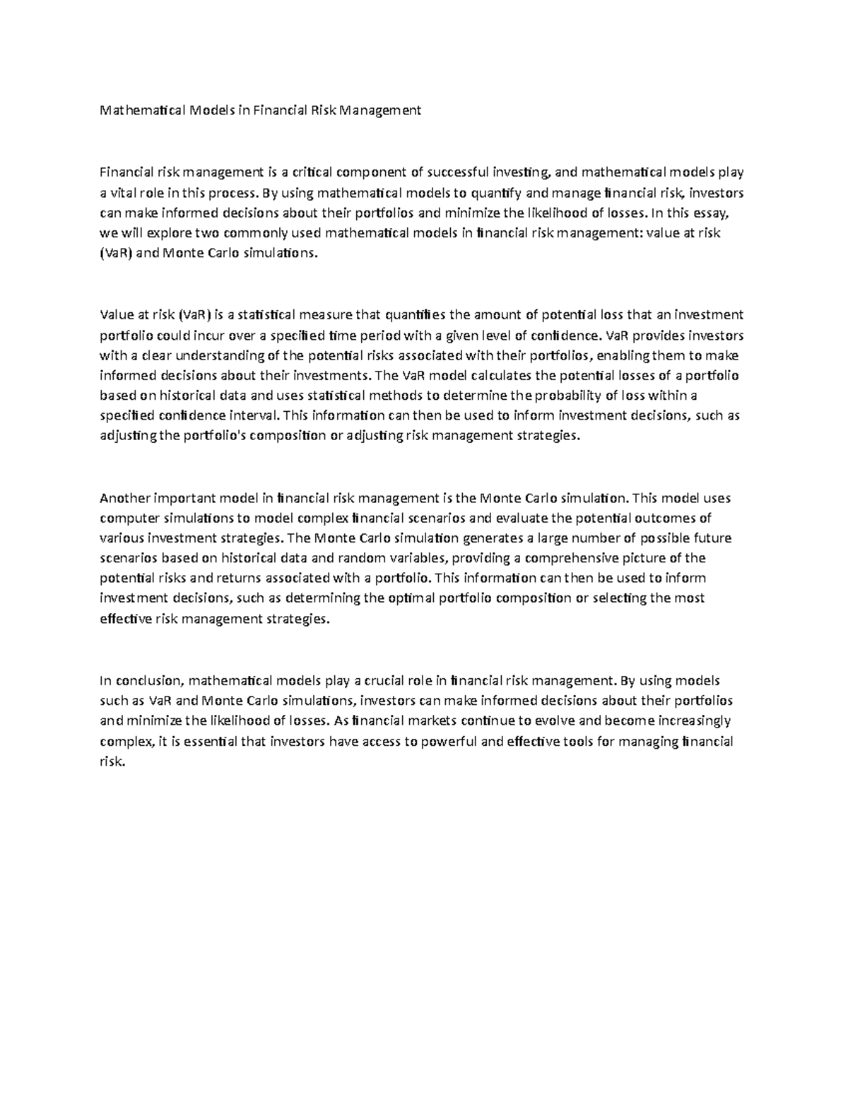 Mathematical Models in Financial Risk Management - By using ...