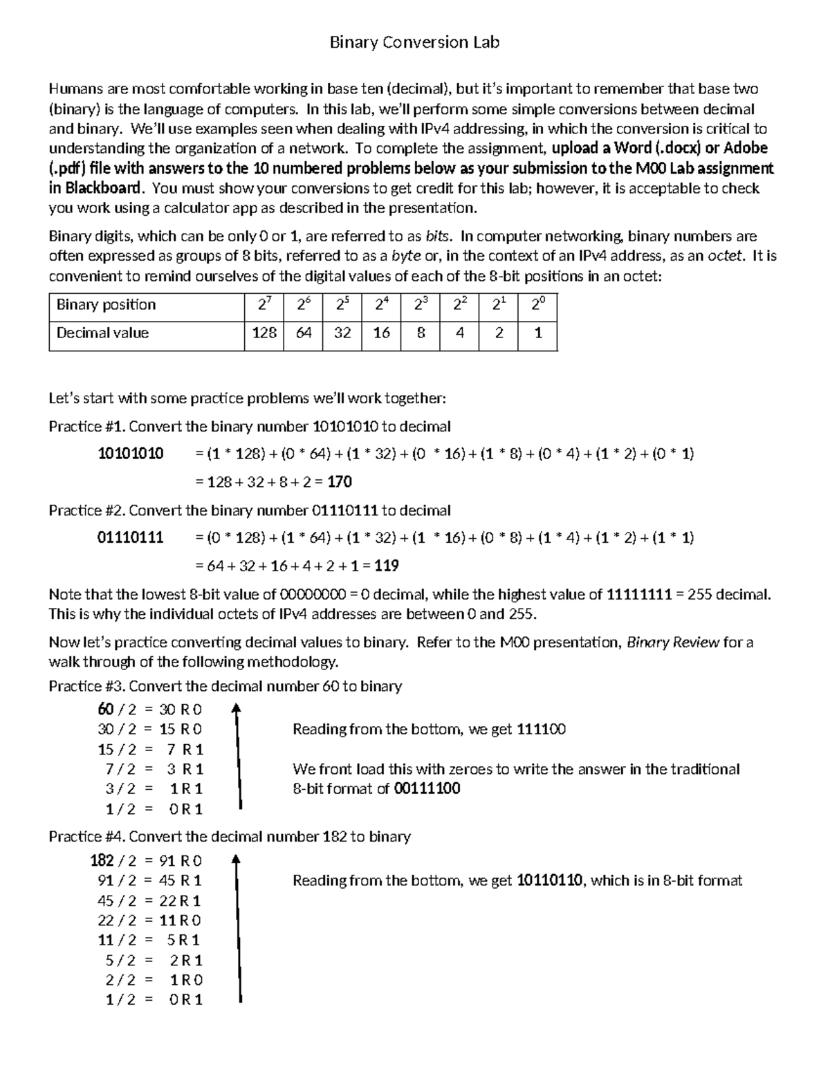 Binary Conversion Lab - 12212 - Binary Conversion Lab Humans are most ...