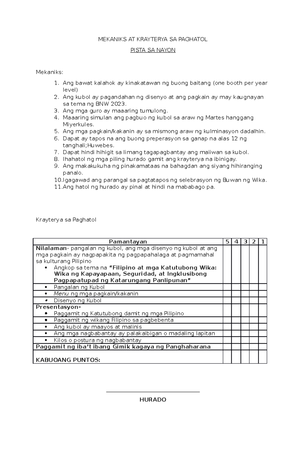 Krayterya para sa isang Patimpalak - MEKANIKS AT KRAYTERYA SA PAGHATOL ...