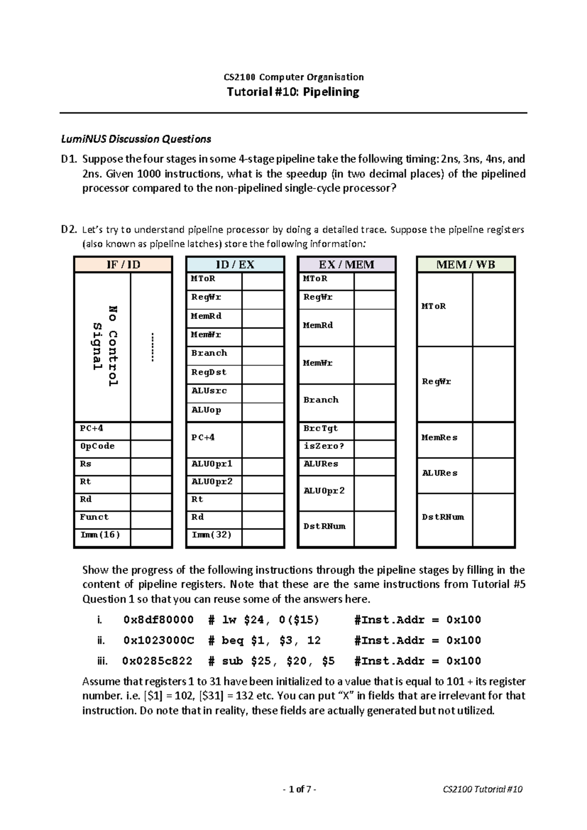 Tut10qns - nil - CS2100 Computer Organisation Tutorial #10: Pipelining ...