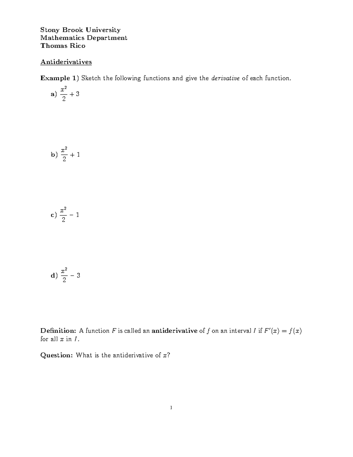 Calculus B Antiderivative Review - Stony Brook University Mathematics ...