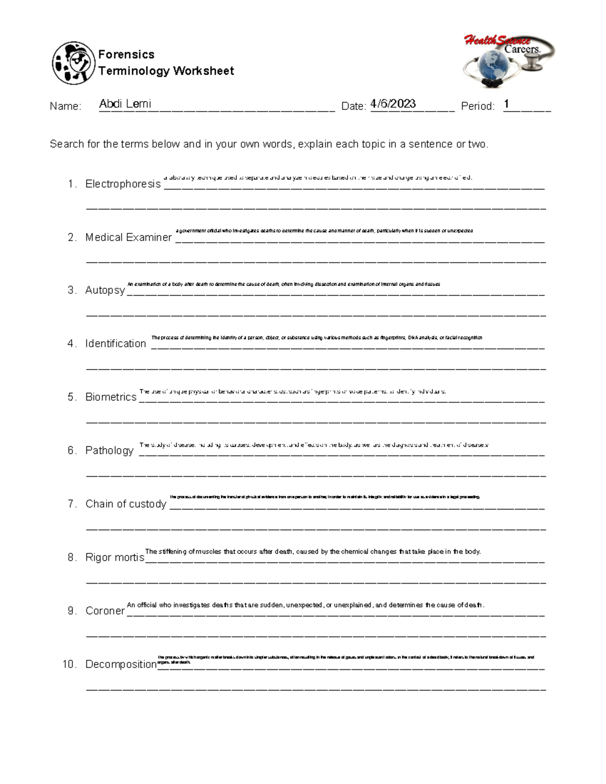 Forensics Terminology Worksheet - Name ...