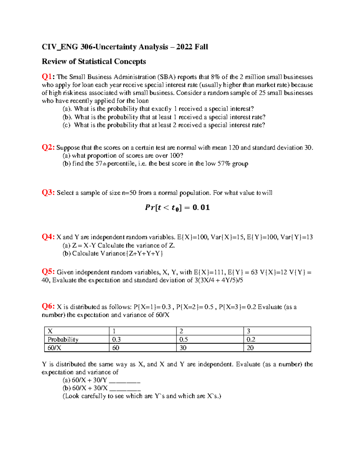 CIV ENV 306 -Assignment 2 - CIV_ENG 306-Uncertainty Analysis – 2022 Fall Review of Statistical ...