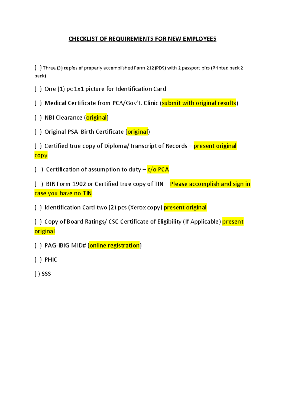 Checklist OF Requirements CSJO - CHECKLIST OF REQUIREMENTS FOR NEW ...