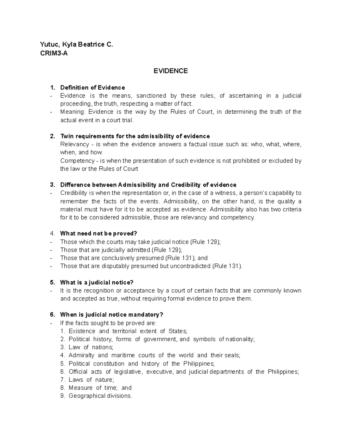 Evidence - Yutuc, Kyla Beatrice C. CRIM3-A EVIDENCE Definition of ...