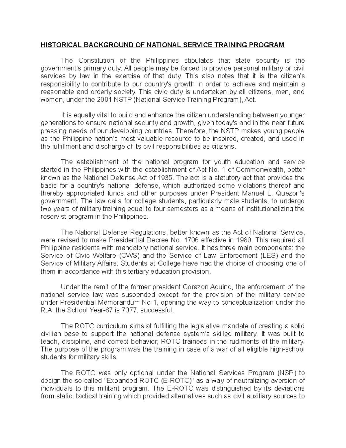 1 Historical Background OF National Service Training Program ...