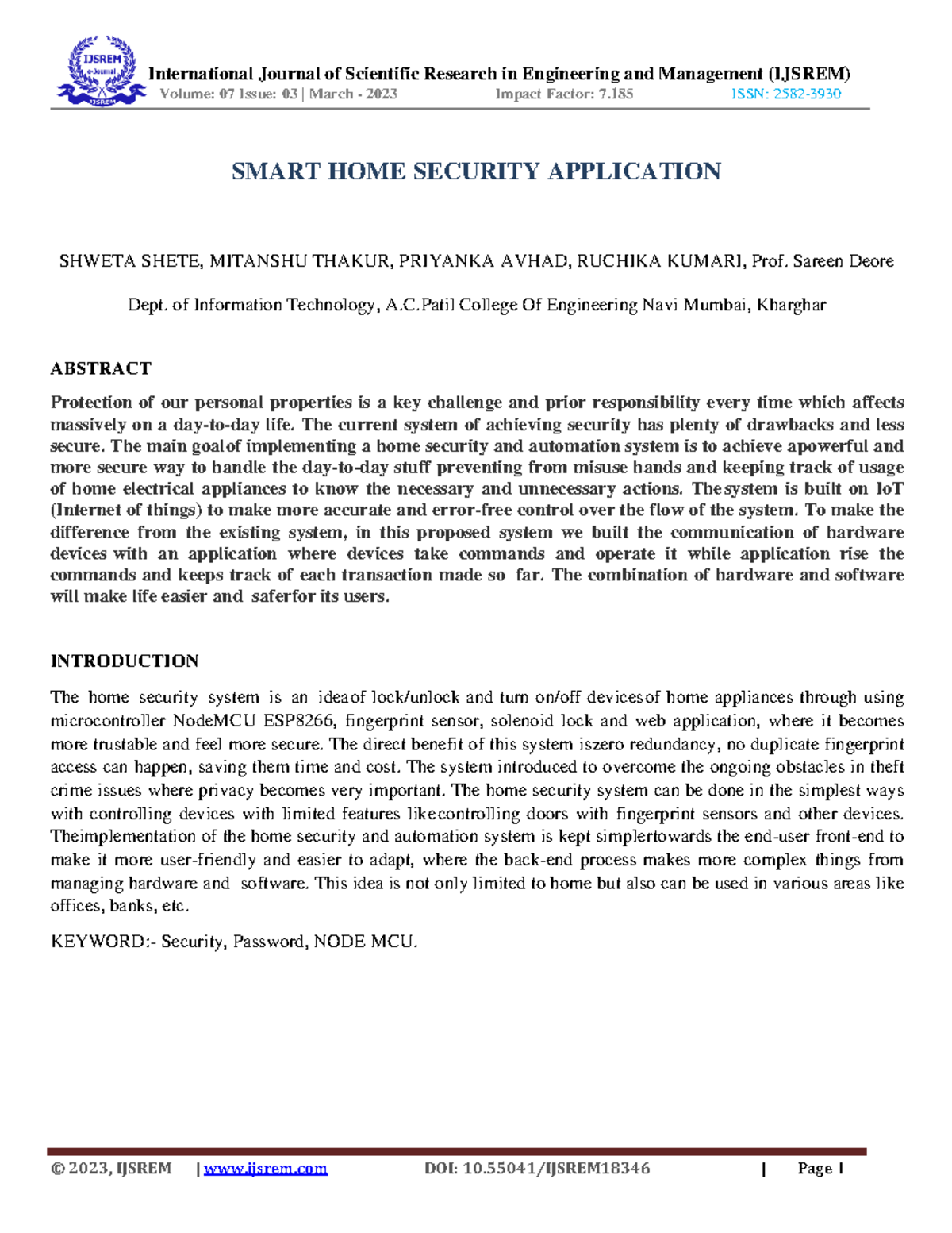 Io T based Smart Home security application - Volume: 07 Issue: 03 ...