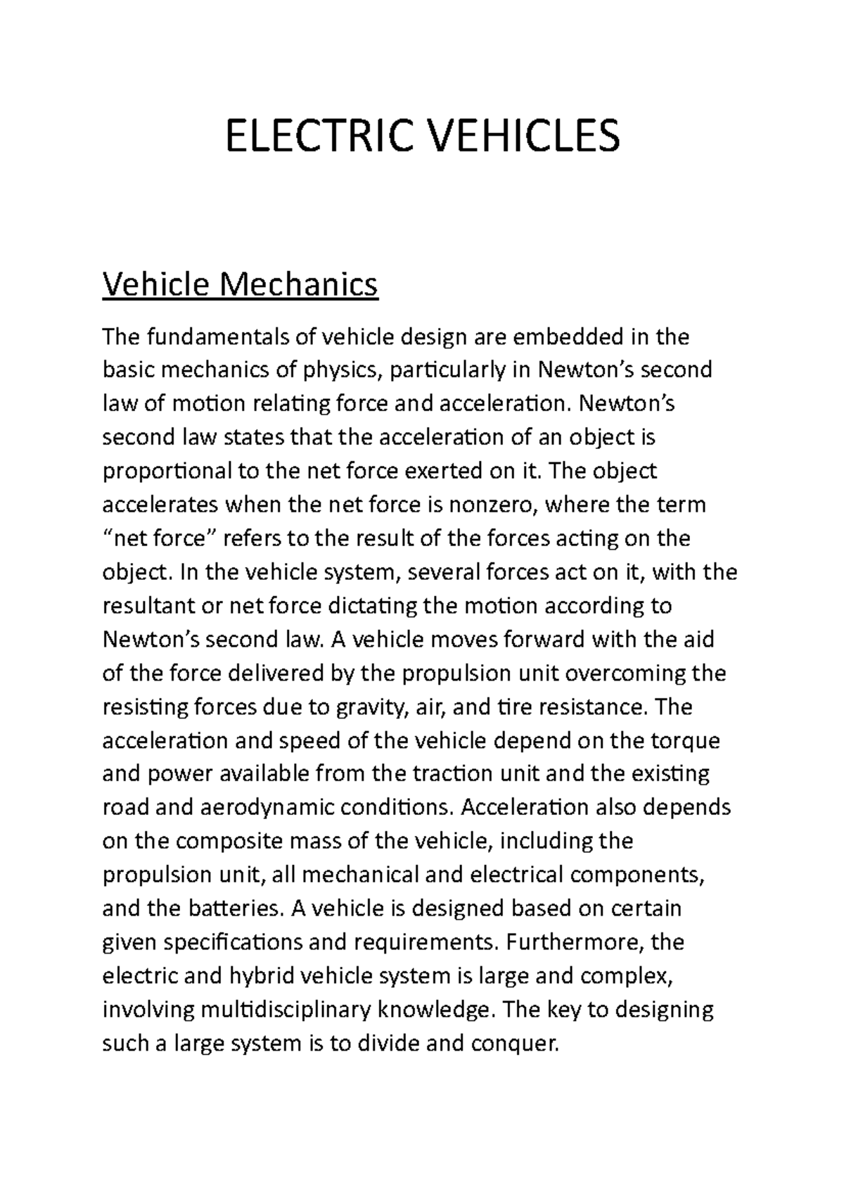 Electric Vehicle 2 - ELECTRIC VEHICLES Vehicle Mechanics The ...