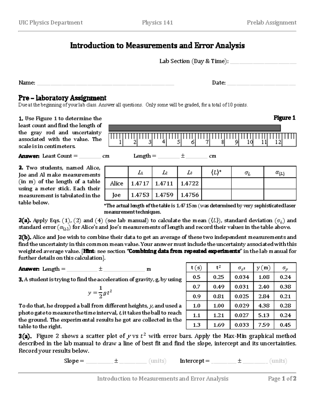 P141L01 Prelab - UIC Physics Department Physics 141 Prelab Assignment ...