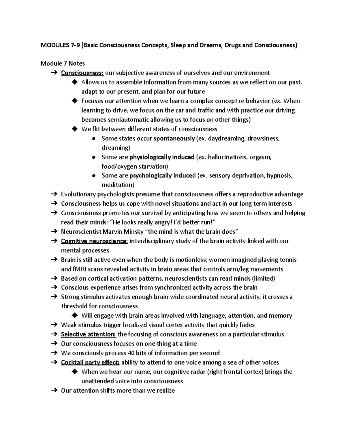 Modules 7,8,9 - Textbook notes - MODULES 7-9 (Basic Consciousness ...