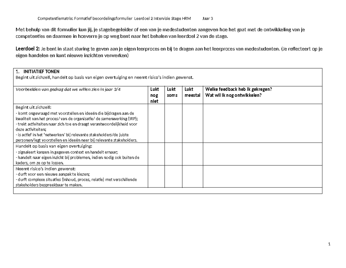 Competentiematrix leerdoel 2 Intervisie stage HRM 23-24 - Met behulp ...
