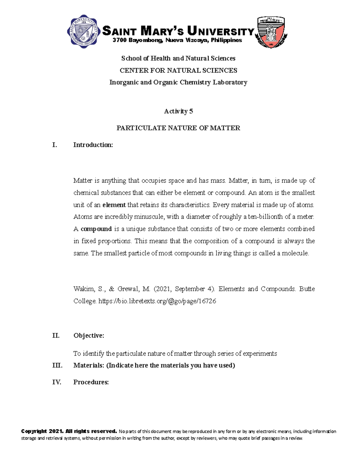 Laboratory Activity 5: Particulate Nature of Matter - School of Health ...