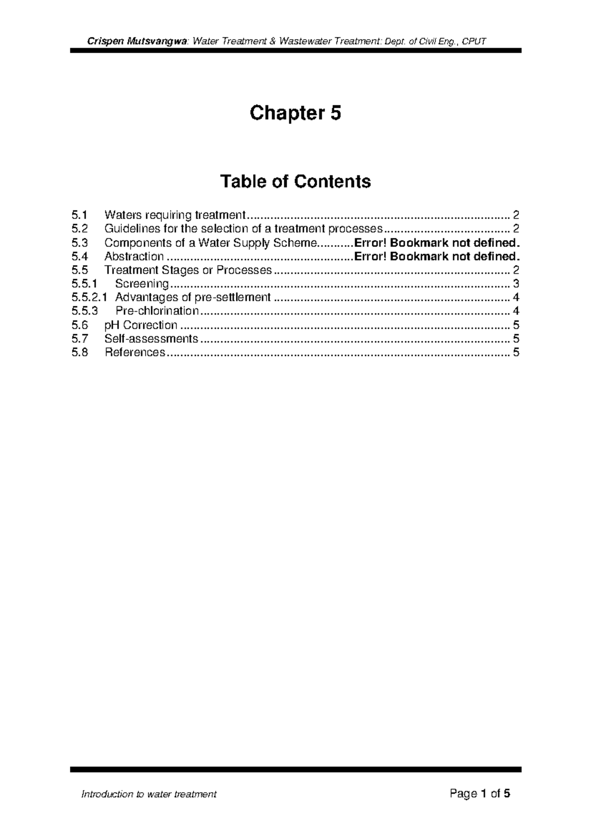 Chapter 5 Introduction to water treatment 2019 - Table of Contents 5 ...