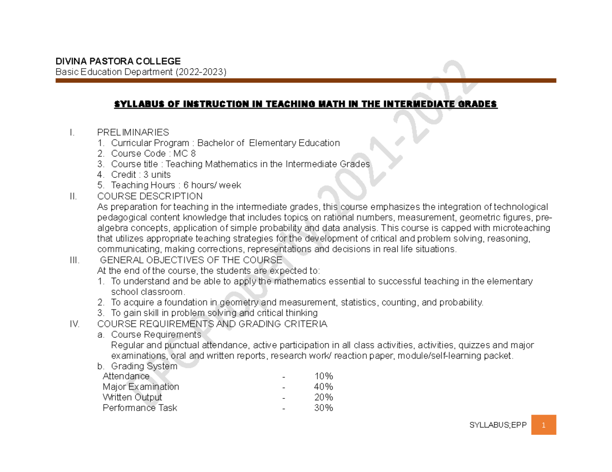 MC 8 Syllabus - Math - DIVINA PASTORA COLLEGE Basic Education Department (2022-2023) SYLLABUS OF ...