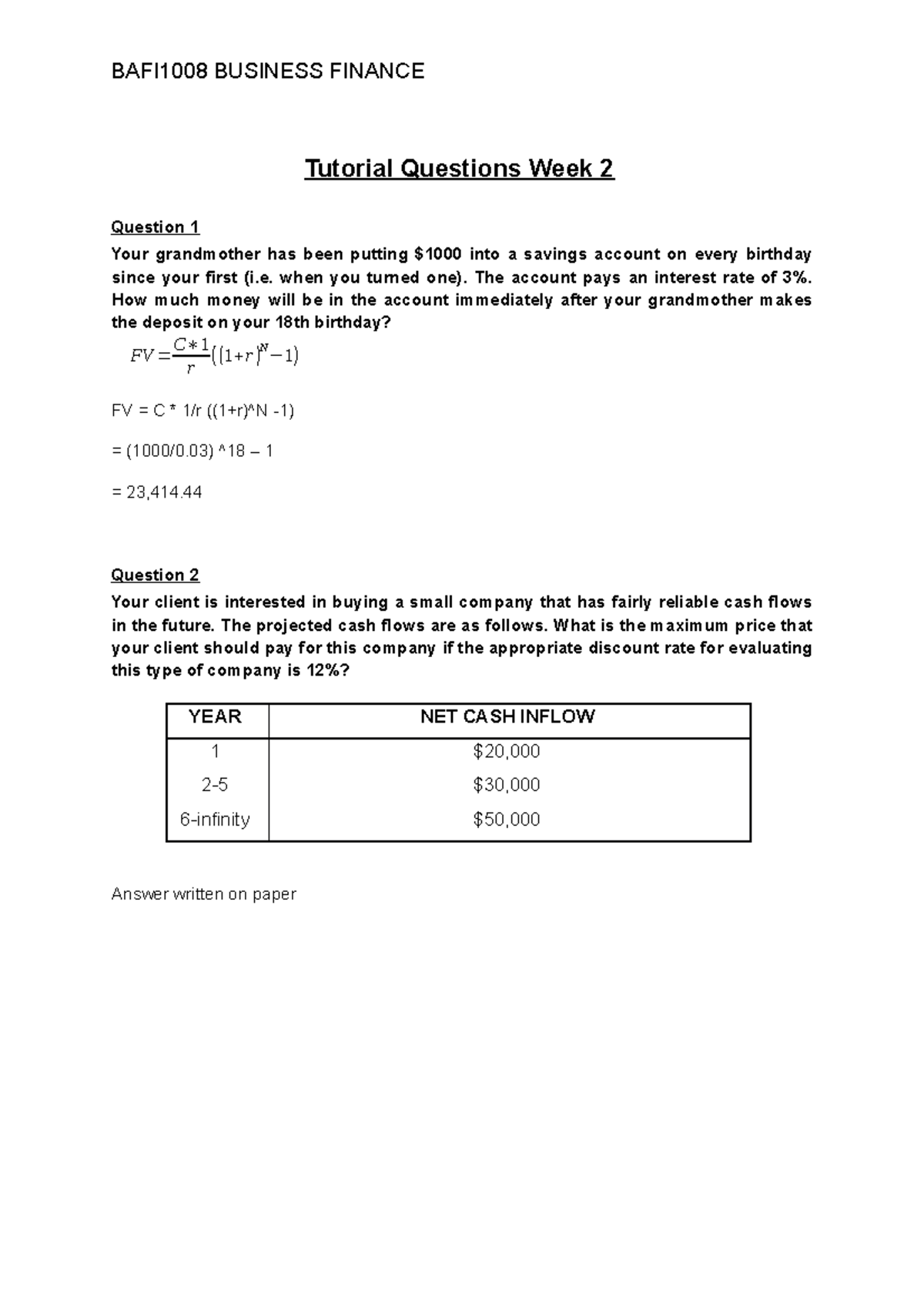 BFinance W2 Tute - Topic 2 tutorial questions - BAFI1008 BUSINESS ...