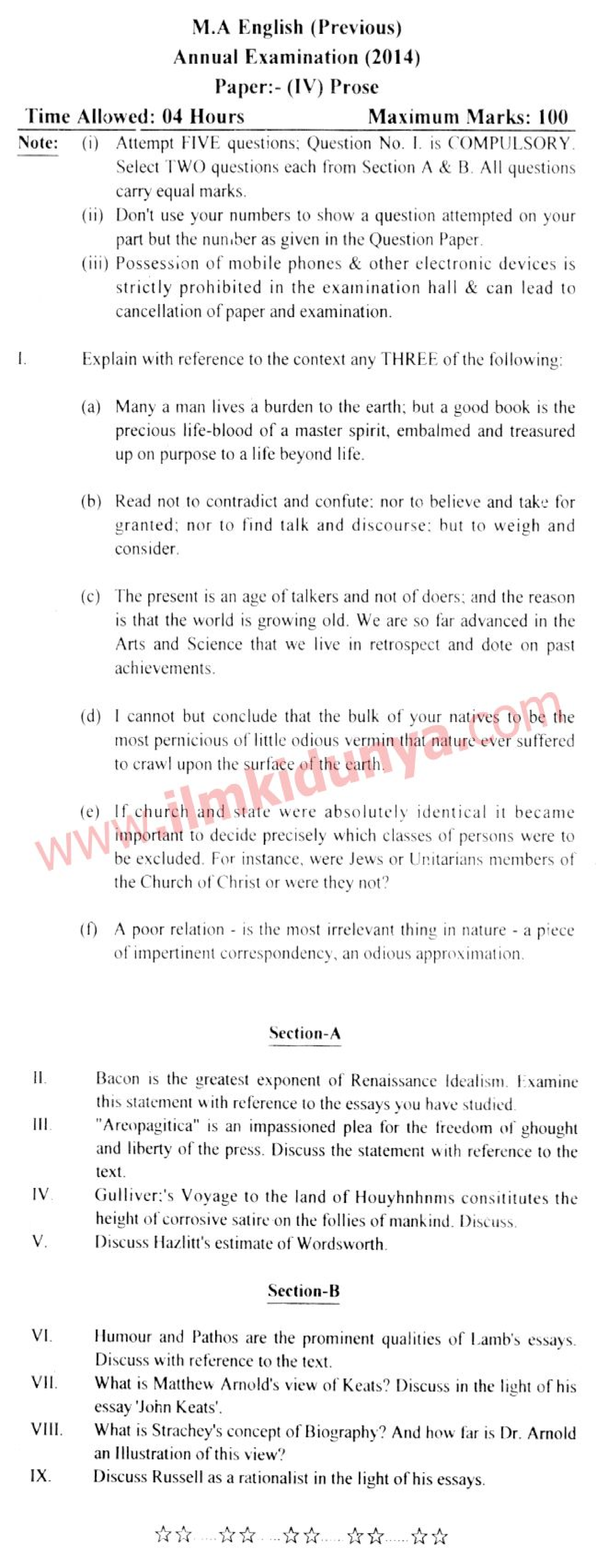 Past Papers 2014 Peshawar University MA Part 1 English Paper 4 - Studocu