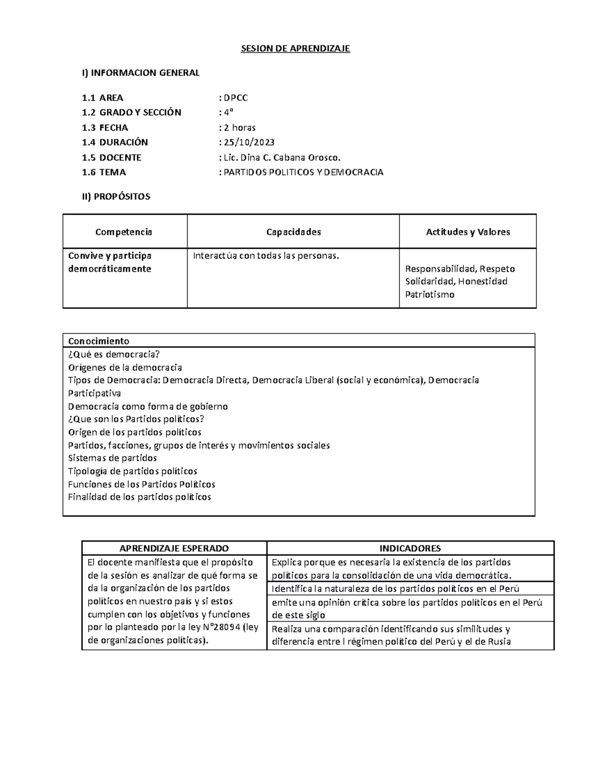 Sesion DE Aprendizaje DPCC 25 - SESION DE APRENDIZAJE I) INFORMACION GENERAL 1 AREA : DPCC 1 ...