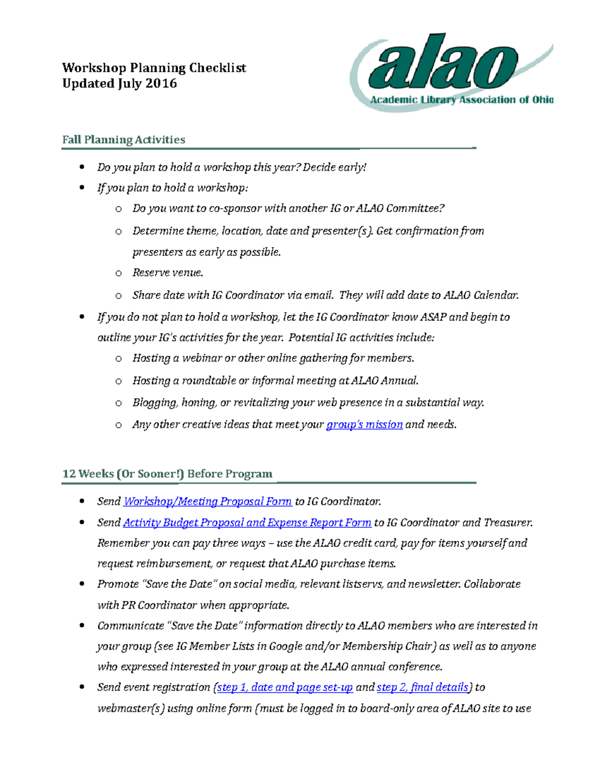 Workshop Planning Checklist - Workshop Planning Checklist Updated July ...
