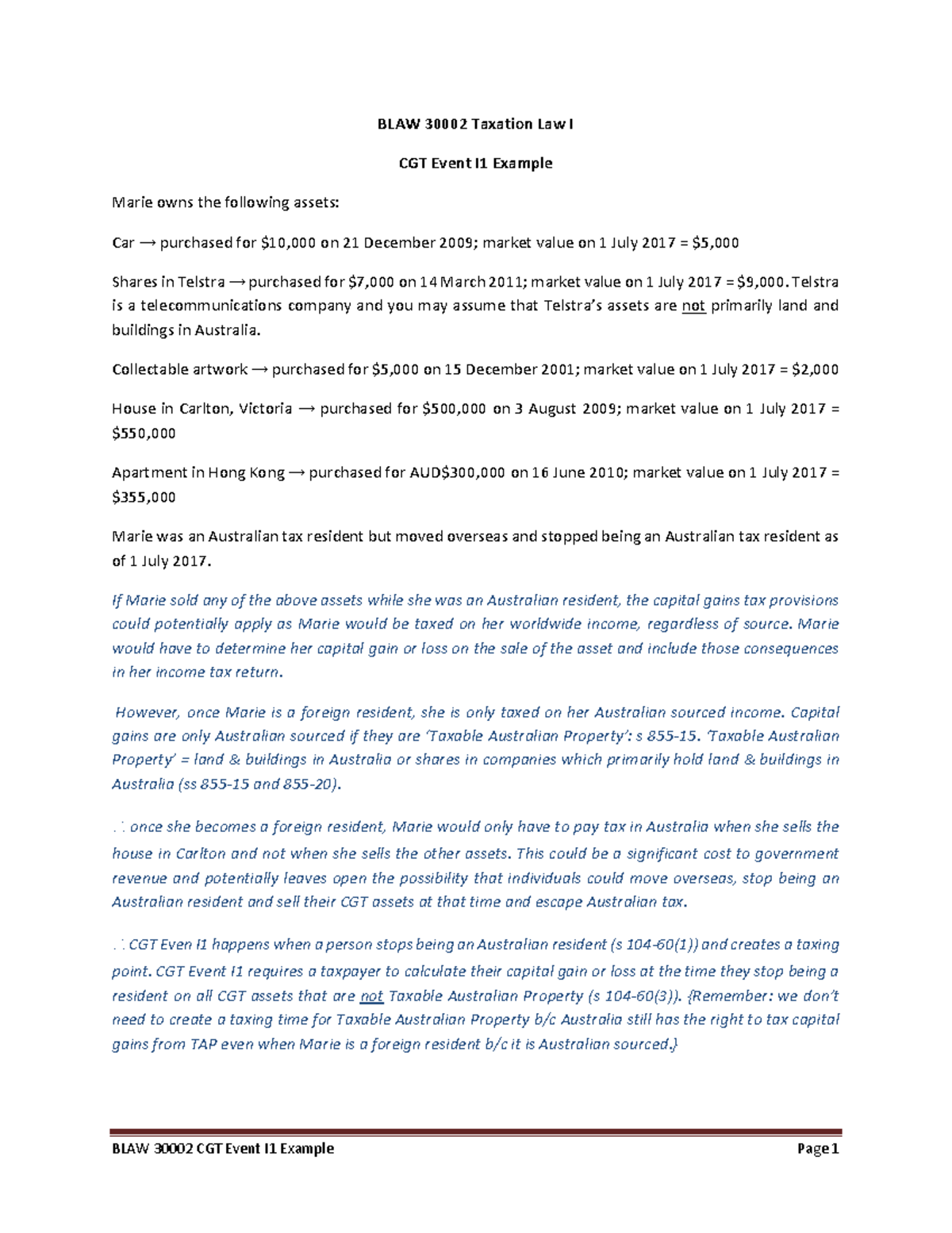 CGT Event I1 Example - BLAW 30002 Taxation Law I CGT Event I1 Example ...