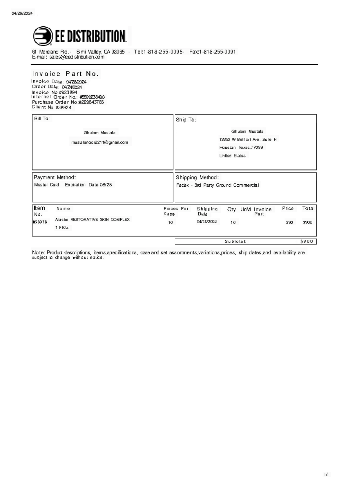 Alastin - INVOICE - 61 Moreland Rd .· Simi Valley, CA 93065 · Tel: 1 ...