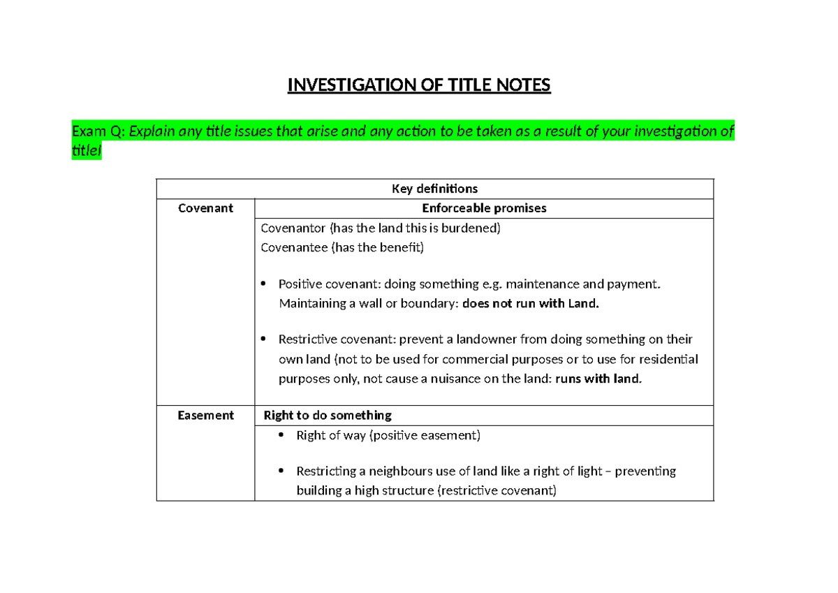 Title investigation notes - INVESTIGATION OF TITLE NOTES Exam Q ...