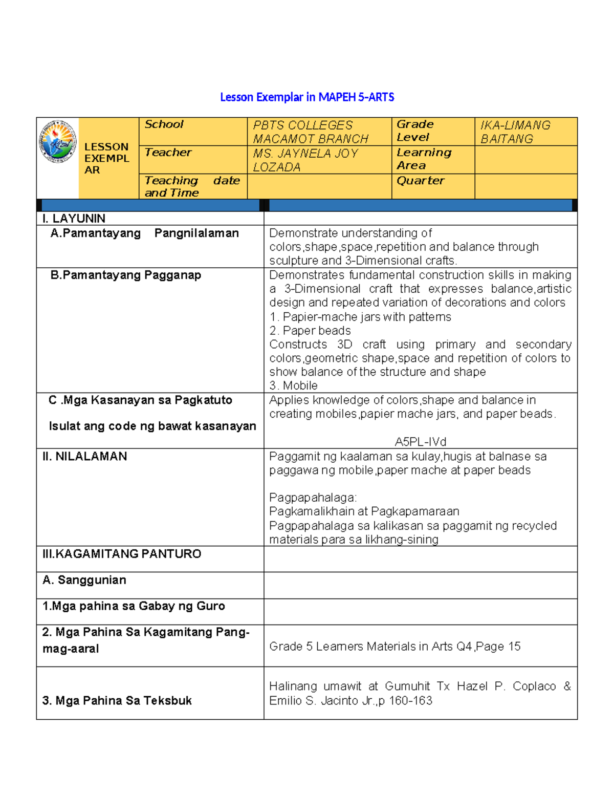 Lesson Plan in Arts Jaynela - Lesson Exemplar in MAPEH 5-ARTS LESSON ...