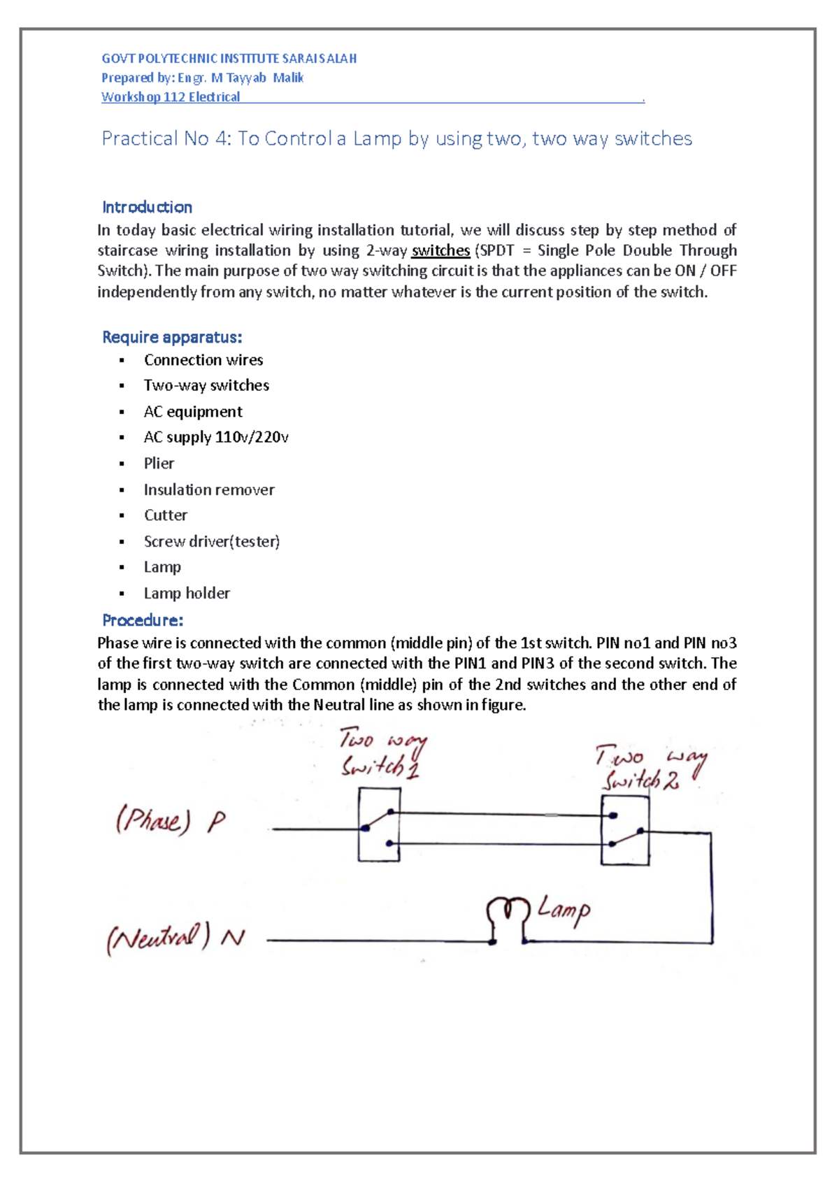P4, To control a lamp by using two two way switches - GOVT POLYTECHNIC ...