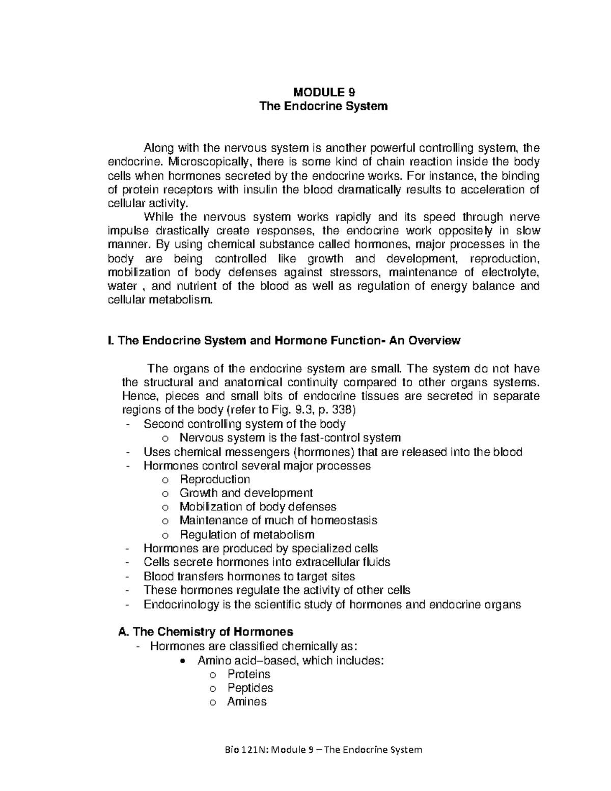 (Anatomy and Physiology) Exam Notes - Bio 121N: Module 9 – The ...