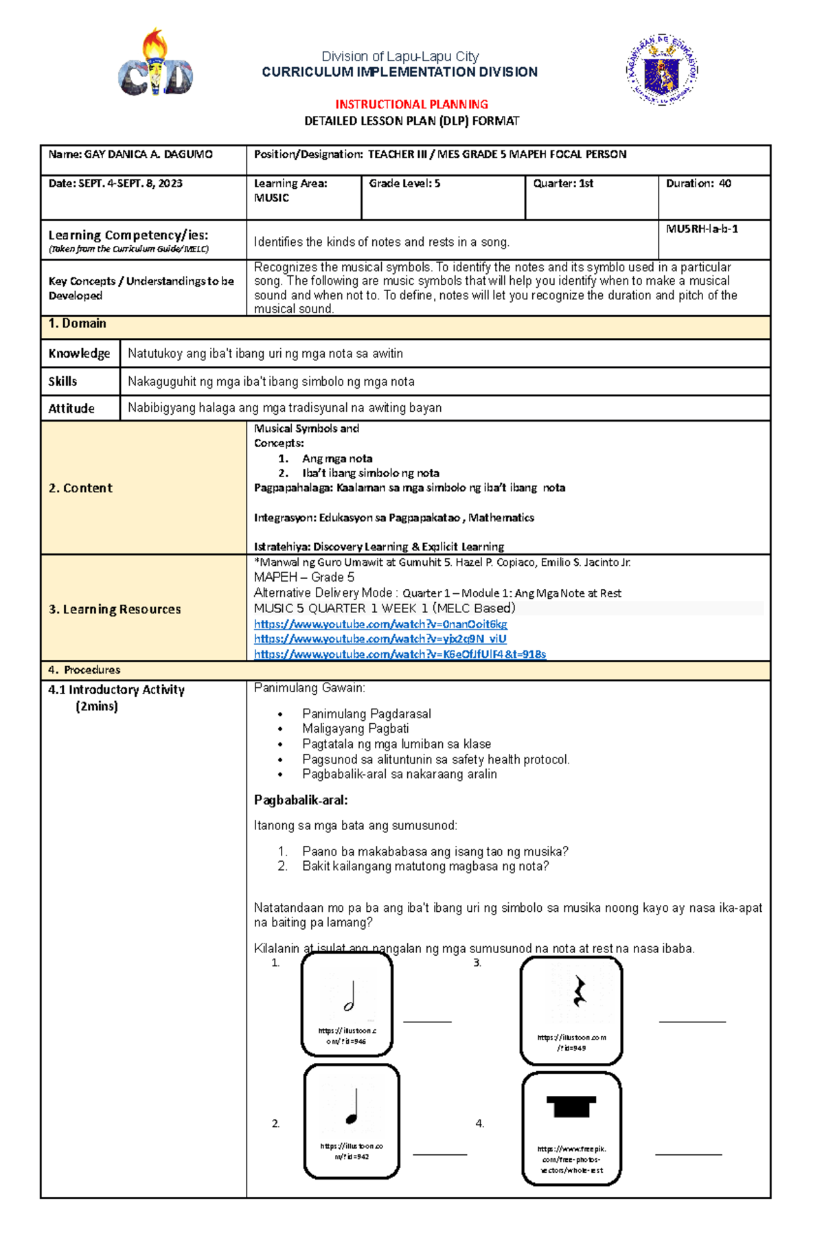 DLP Music W1-2 Q1 - Division of Lapu-Lapu City CURRICULUM IMPLEMENTATION DIVISION INSTRUCTIONAL ...